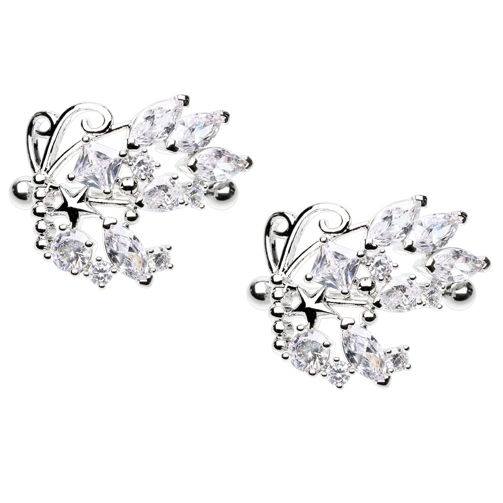 Pierced Owl 14GA Stainless Steel CZ Crystal Cluster Butterfly Nipple Shields, Sold as a Pair (Silver Tone)