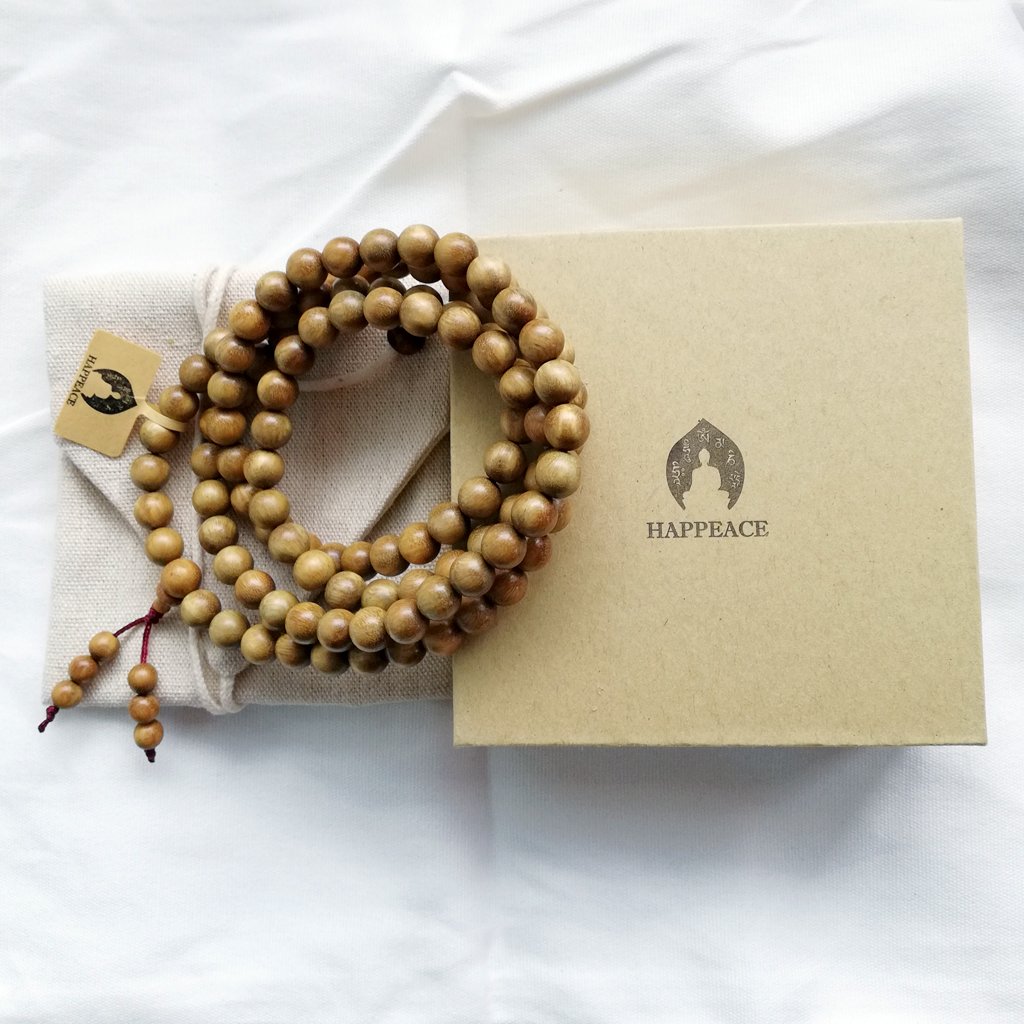 HAPPEACE 8mm Natural Fragrant Green Sandalwood 108 Mala Meditation Beads - Tibetan Buddhism Prayer Beads
