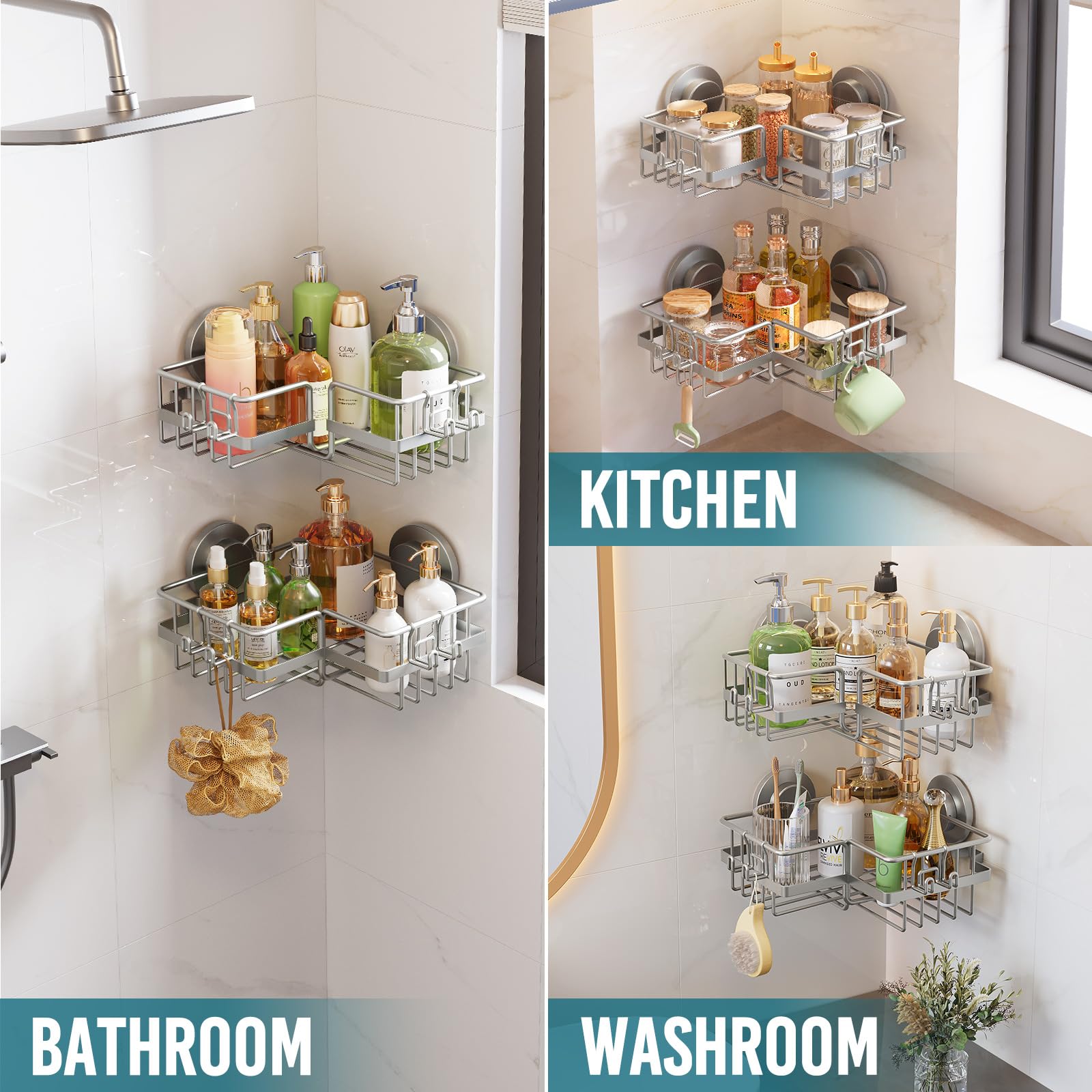 TAILI Heavy Duty Suction Cup Shower Caddy 2 Pack, Removable Rustproof Stainless Steel Shower Rack, Drill-Free Shower Shelf with Hooks, Wall Mounted Basket Organizer for Bathroom, Grey