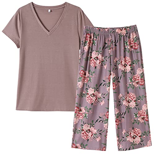 Vozanet Women's V Neck Sexy Pajama Sets Capri Sleepwear Floral Elegant Nighty 2PCS Plus Size S-3XL, Florals-Brown, XX-Large