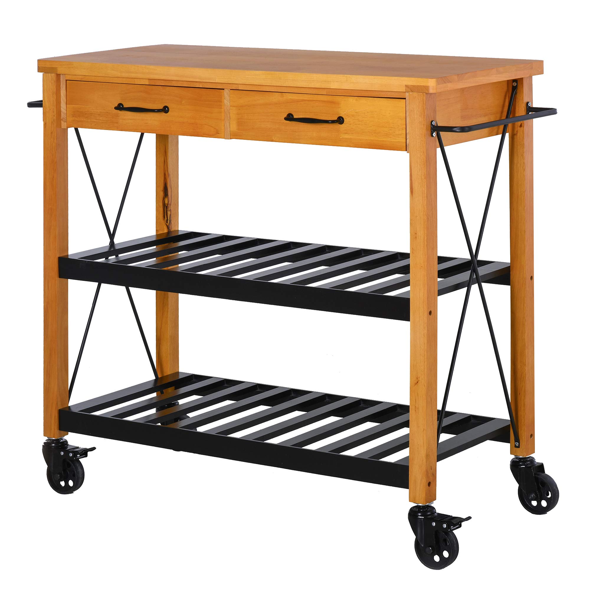 HOMCOM 46" Kitchen Island Cart Rolling Utility Cart with 2 Drawers, Open Storage Shelves & Handle Racks