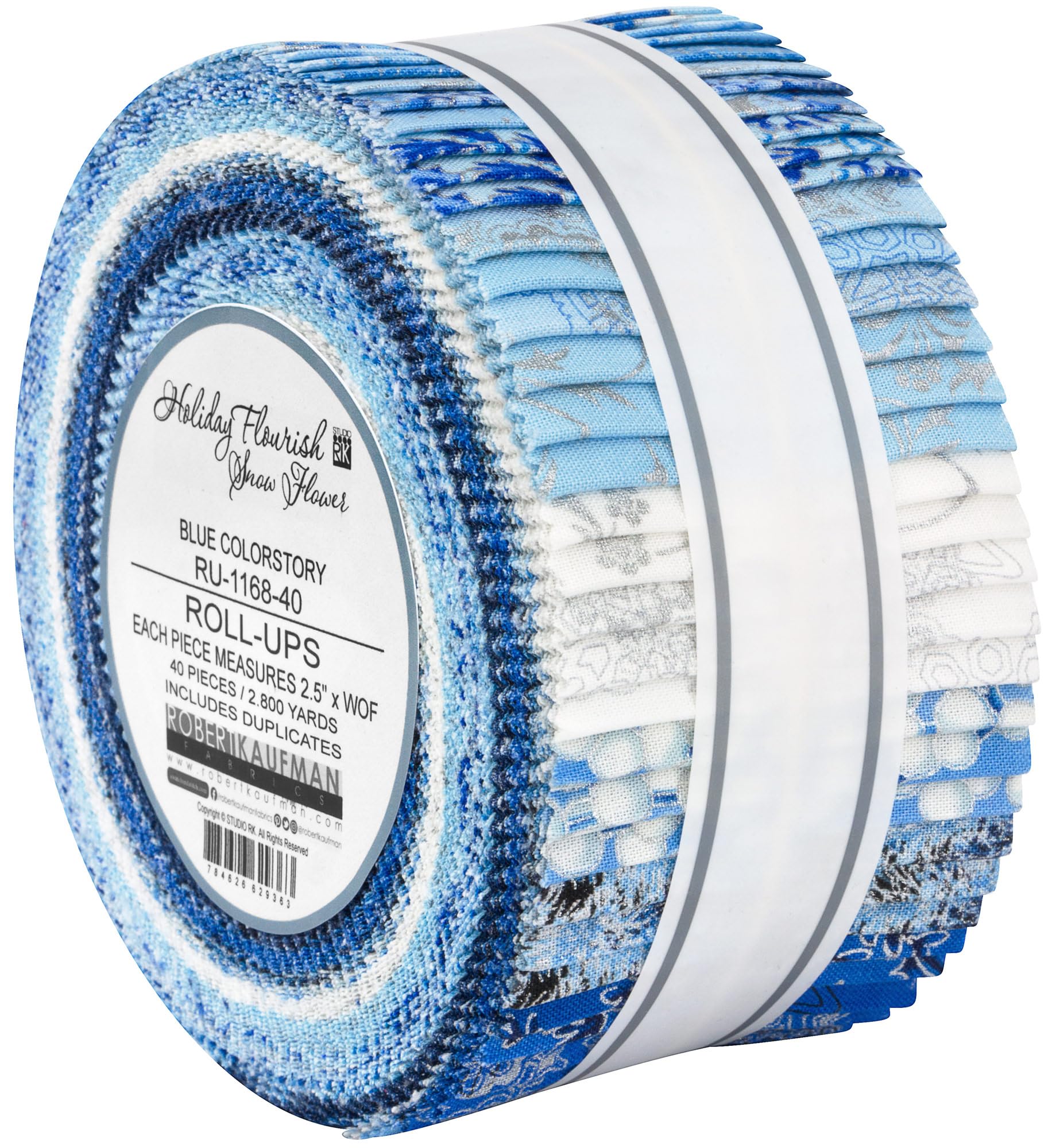 Holiday Flourish Snow Flower Blue Roll Up 40 2.5-inch Strips Jelly Roll Robert Kaufman RU-1168-40