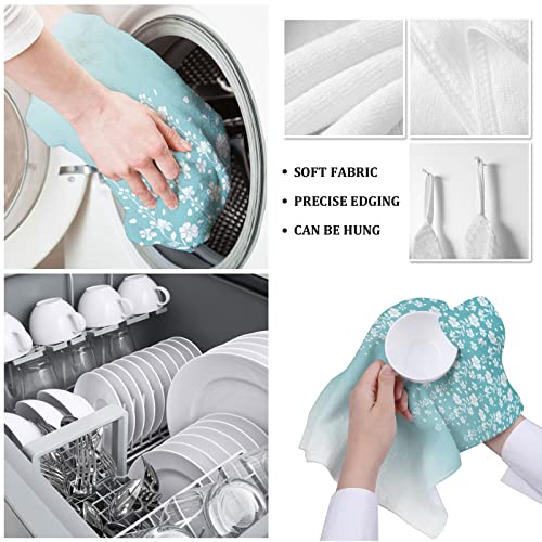 Yun Nist Kitchen Dish Towels,White Flower Vine Blossom Cherry Soft Microfiber Dish Cloths Reusable Hand Towels,Falling Floral Teal Gradient Back Washable Tea Towel for Dishes Counters 1 Pack