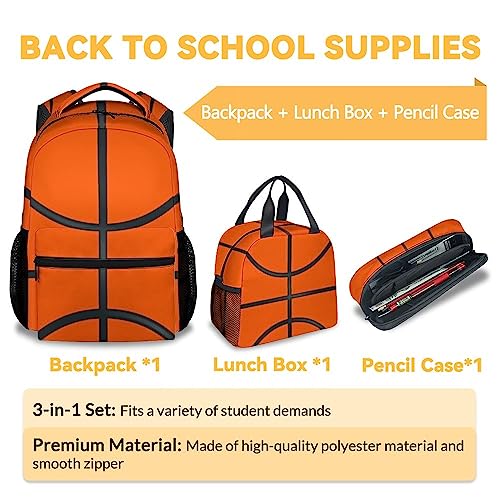 XaocNyx Basketball Backpack with Lunch Box and Pencil Case Set, 3 in 1 Matching Boys Orange Backpacks Combo, Cool Bookbag and Pencil Case Bundle