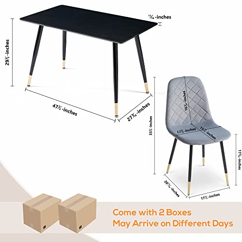 Ufurpie 5-Piece Dining Table Set, 47'' Rectangle Kitchen Table and 4 Grey Velvet Chairs,Solid Metal Gold Legs, Perfect for Kitchen, Breakfast, Dining Room Set for 4