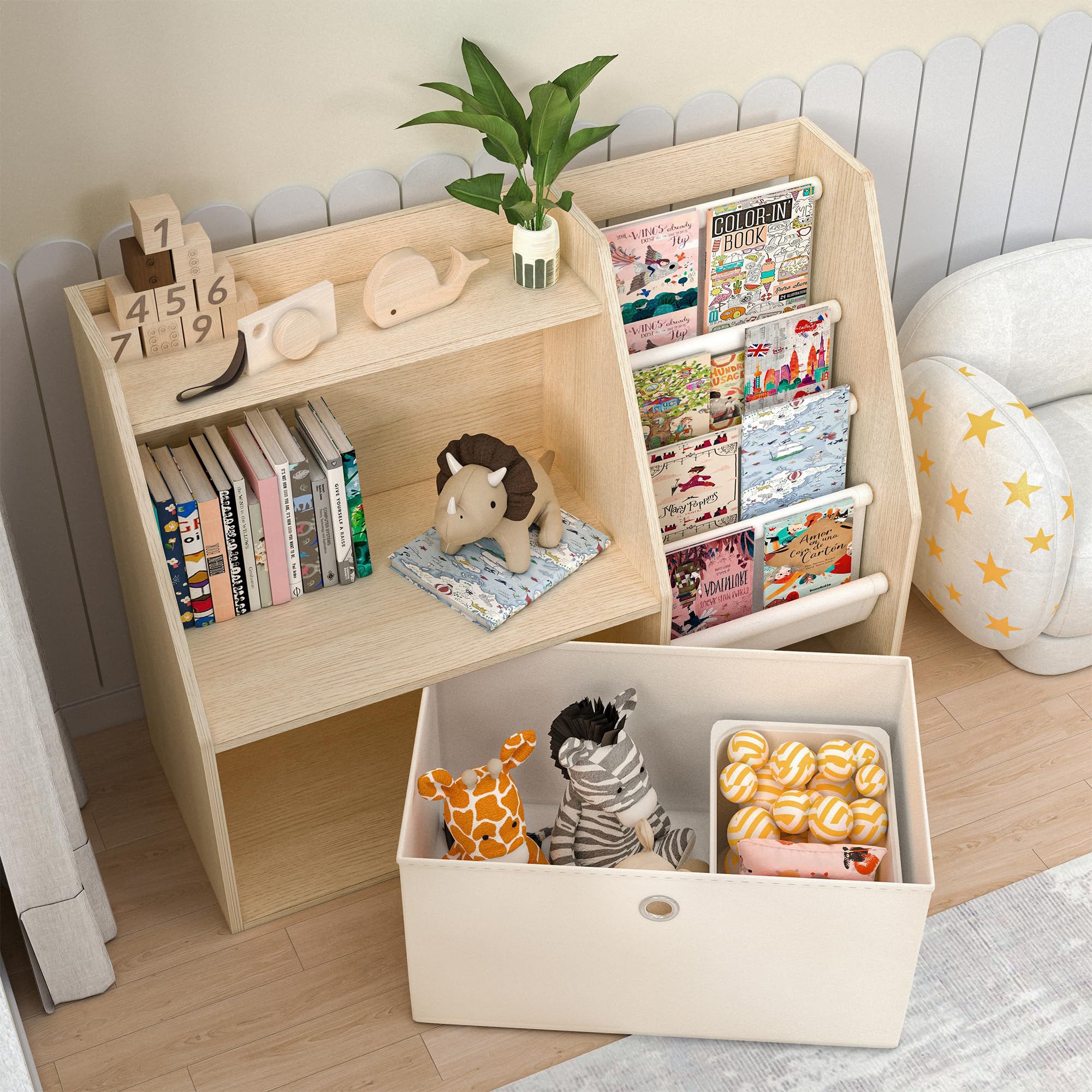 TOETOL Kids Bookshelf & Book Storage,4 Sling Wooden Toddler Book Shelf,2-Tier Wooden Open Bookcase & Storage Organizer Boxes for Nursery, Playroom, Bedroom