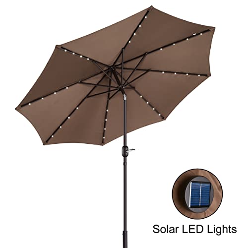 VILLACERA 83-OUT5421B, Beige Lighted Patio Shade β 9 Ft Outdoor Umbrella with 19lbs Weighted Base, Solar Powered LED, and Push Button Tilt β Backyard Canopy (Brown)