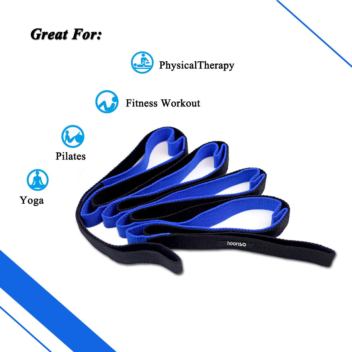 HOONSO Fitness Strap Exercise Stretching Straps 8 Loops Yoga Strap with Carrying Bag for Physical Therapy, Pilates, Home Workout, Blue