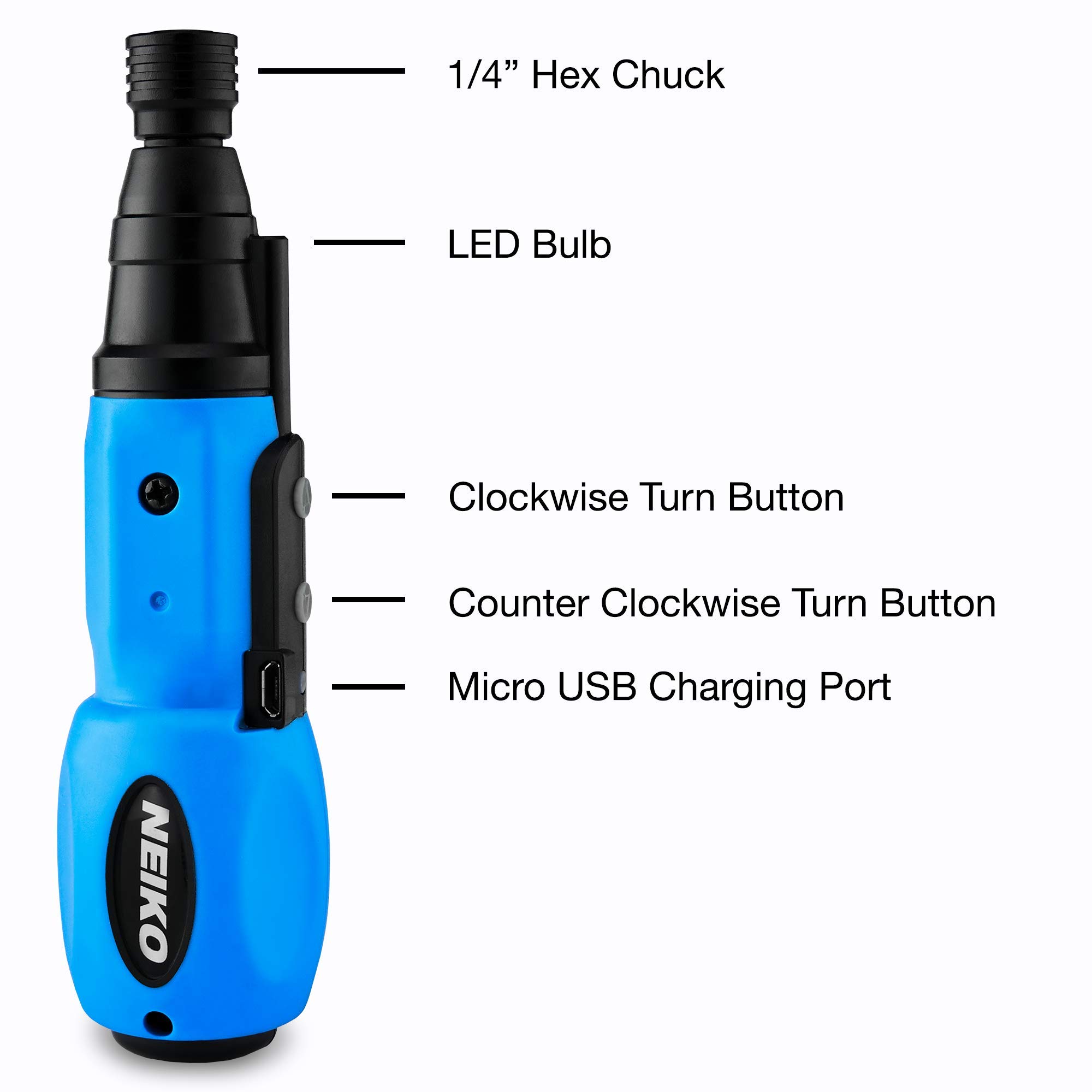 NEIKO 10577A Cordless Power Screwdriver | 1/4β Hex Auto-Lock Safety Chuck | Includes Phillips and Flathead Bit | USB Rechargeable Lithium-Ion Technology | Auto and Manual Mode
