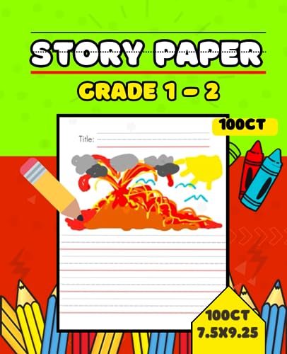 Story Paper Grade 1-2 100ct: Story Composition Notebook Paper with Red Baseline, Dotted Middle Line and Large Drawing Space