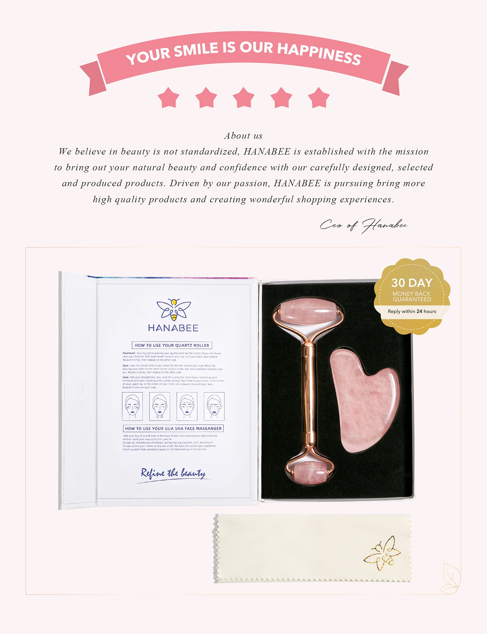 HANABEE Authentic Jade Roller for Face Gua Sha Facial Tools Face Roller Skin Care Facial Roller for Puffiness -Rose Quartz