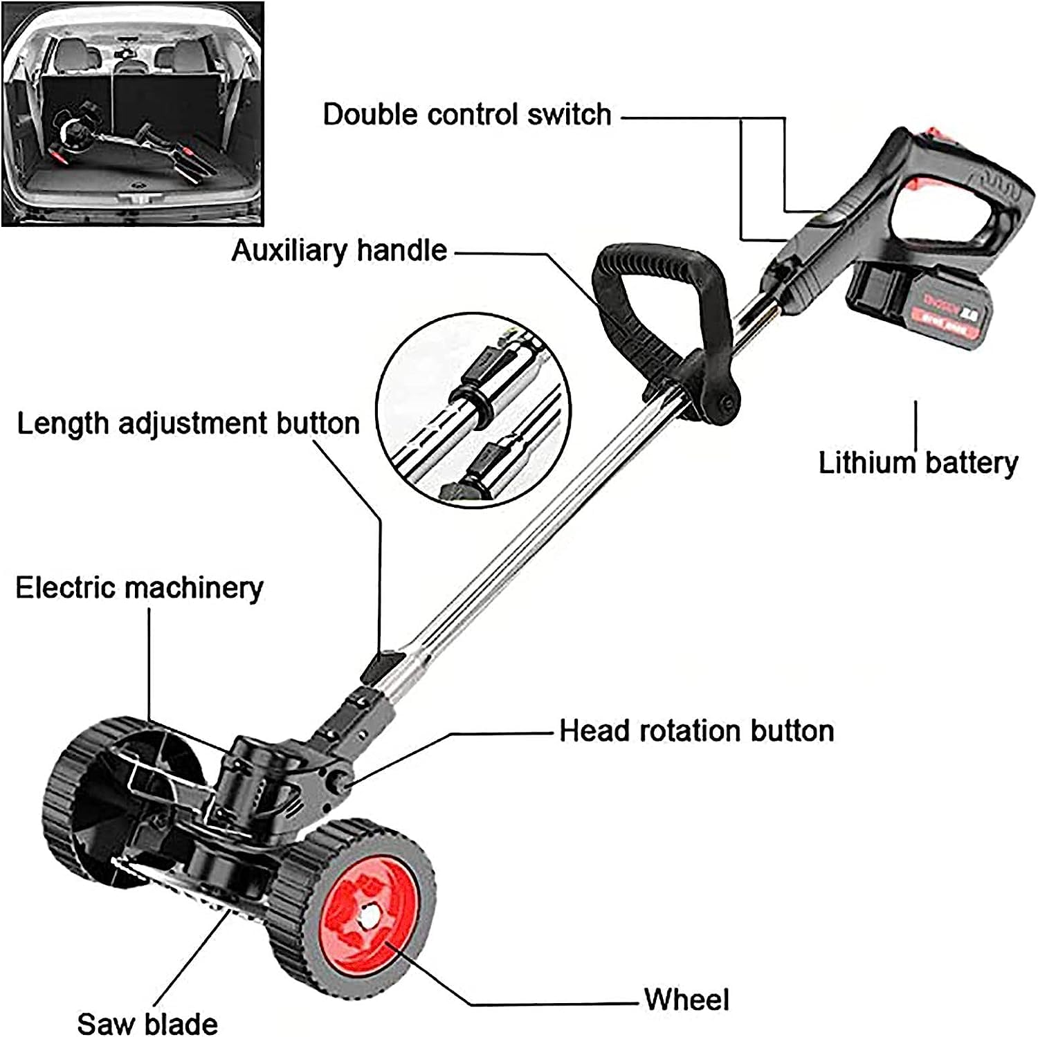 Handheld Cordless Trimmer, 24v Electric Handheld Lawn Mower with 3 Styles Blades 2 Batteries 1 Charger Adjustable Length Machine Head Angle Weeder