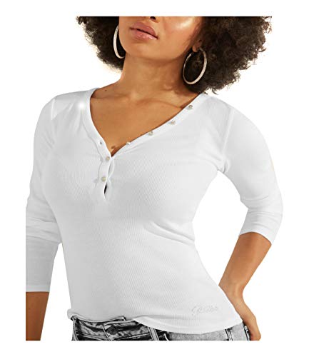 GUESS Women's Long Sleeve Essentia V-Neck Logo Henley Tee, Pure White, Small