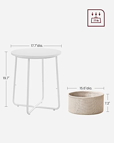 VASAGLE Small Round Side End Table, Modern Nightstand with Fabric Basket, Classic White, Sand Beige, 1 Count