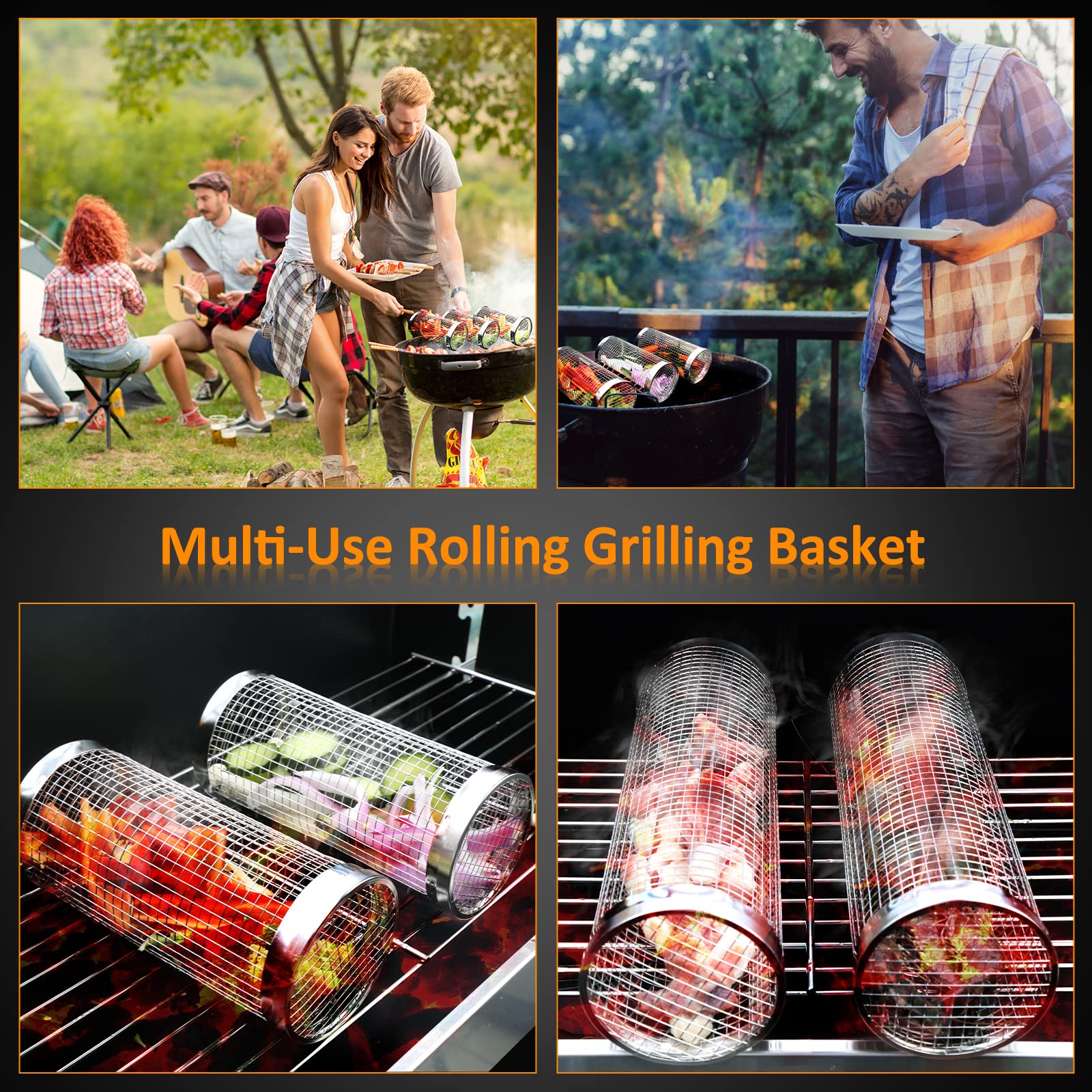 Grill Basket 2 PCS, BBQ Grill Basket, Rolling Grilling Basket, Stainless Steel Grill Mesh Barbeque Grill Accessories, Portable Grill Baskets for Outdoor Grill for Fish, Shrimp, Meat, Vegetables, Fries