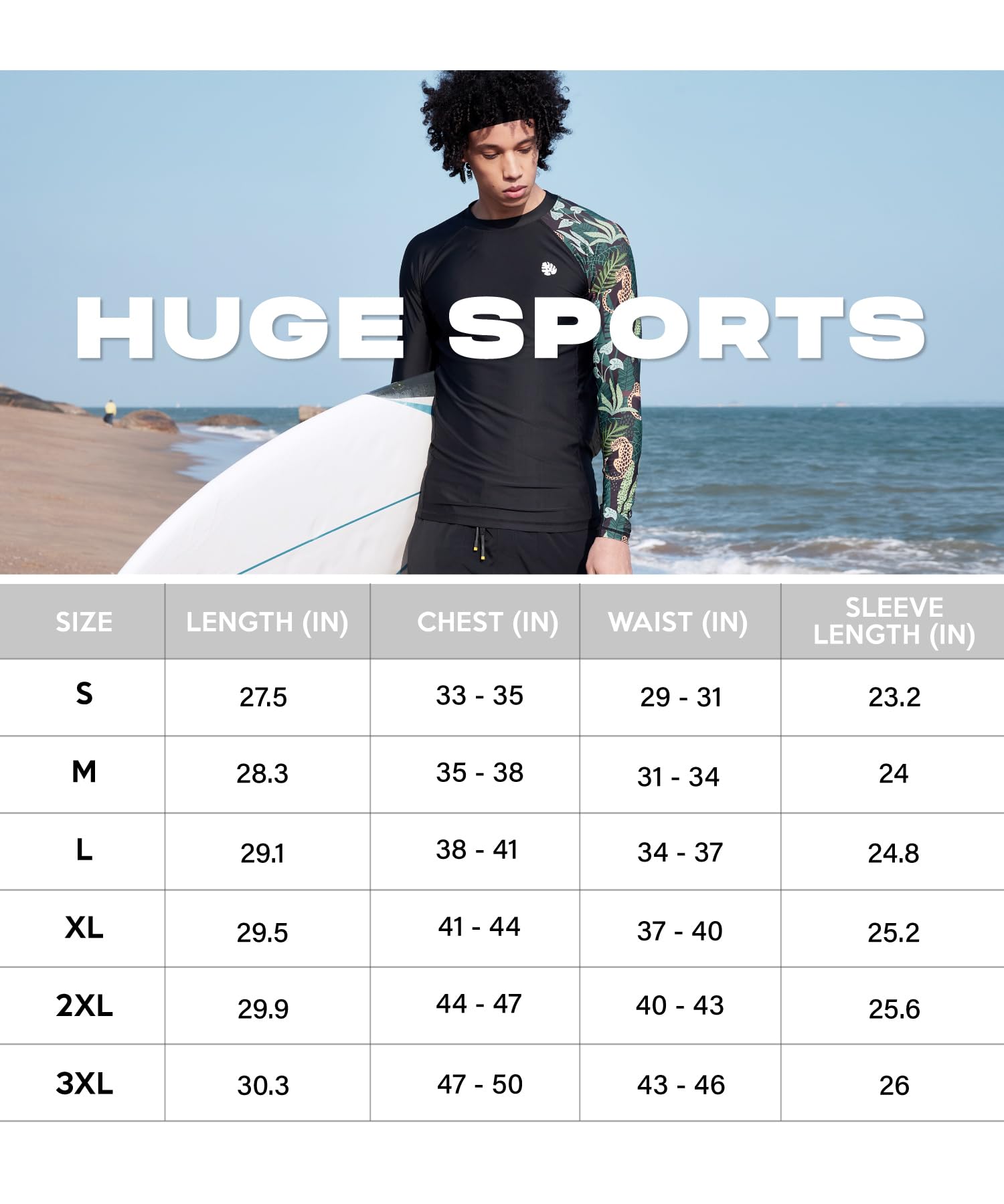 HUGE SPORTS Men's Rash Guard Long Sleeves UPF 50+ UV Sun Protection Quick Drying Splice Compression Swim Shirts Black Leopard