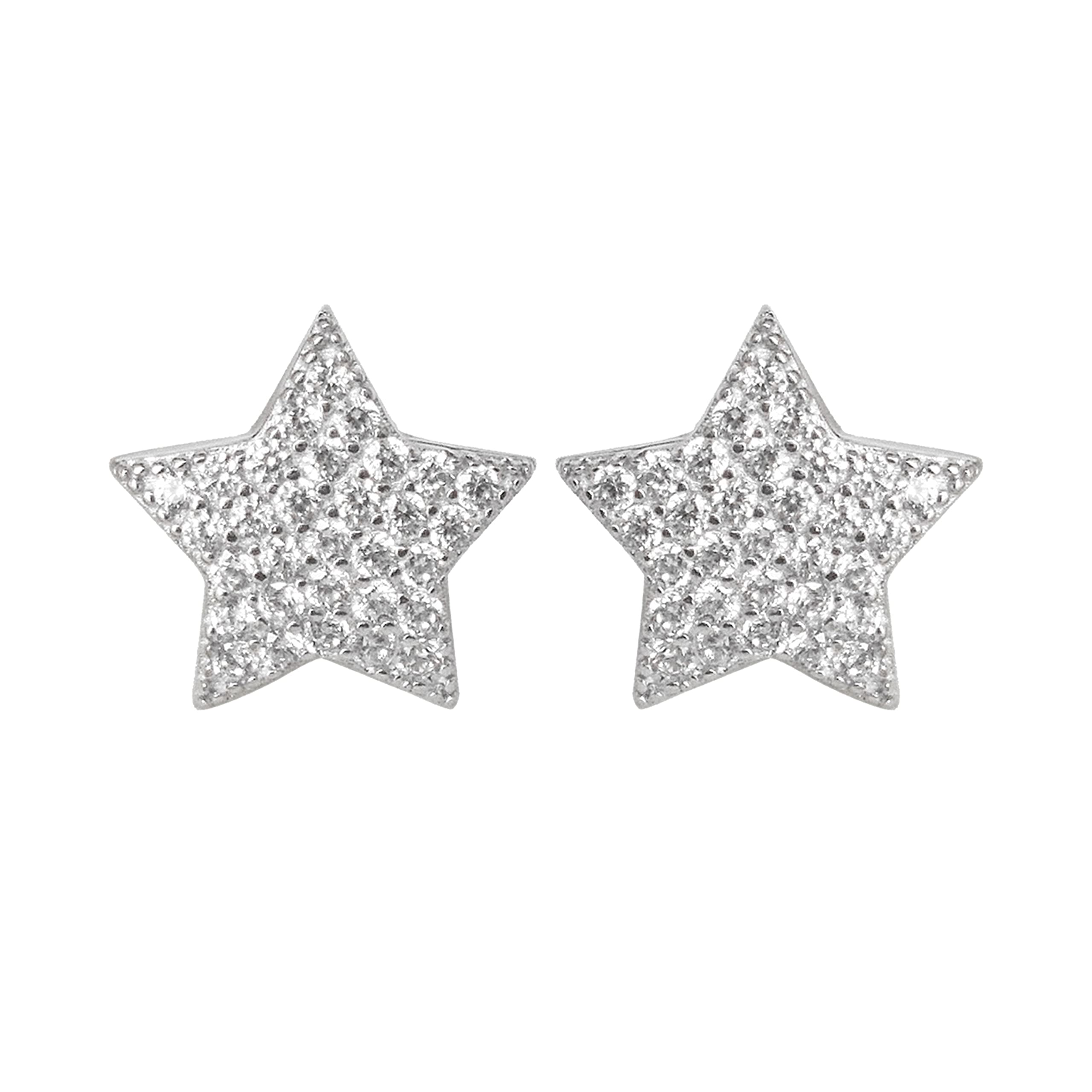 Hiqmic 925 Sterling Silver Fashion Star Rhinestone Ear Stud Earrings Piercing White Gold Plated Jewelry - Silver