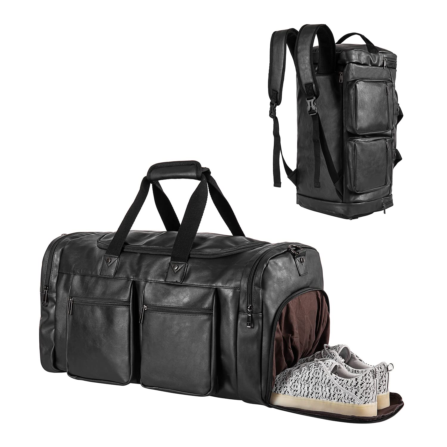 Gym Duffle Bag Backpack, Leather Duffel Bags for Traveling Sports Bag Overnight Bag Backpack with Shoe Compartment Weekender Bag for Men Women-Black