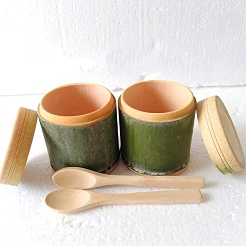 WellieSTR 2-Pack (S/Dia.9~10cm/H 12cm) Natural Bamboo Steamer Bowl Rice Basket Dessert Cup Bamboo Wine Glass for Asian Food,Dim Sum,Rice,Bamboo Wrapped Sticky Rice Steamer,Snack Tool,with Spoon