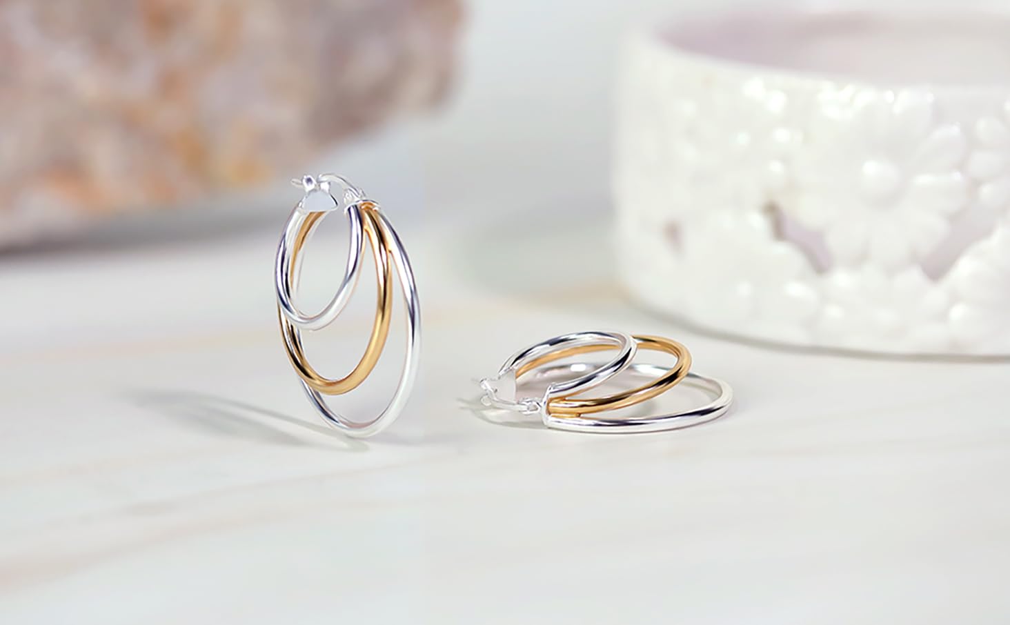 Hoops & Loops Sterling Silver Two-Tone Triple Circle Round-Tube Polished Hoop Earrings, 20mm