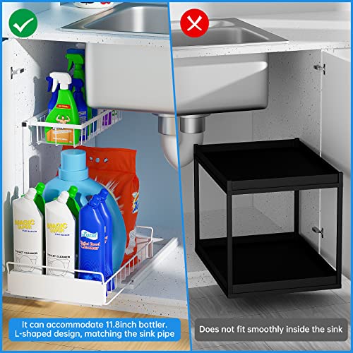 Under Sink Organizers and Storage, Painted Steel Under Cabinet Storage Pull Out Bathroom Organizer with Handles, 2 Tier Under Sink Storage Kitchen Space Rack for Countertop, White