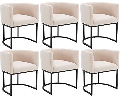 VESCASA Linen Upholstered Dining Chairs with Barrel Back, Mid Century Modern Padded Restaurant Chairs with Black Metal Frame for Kitchen, Dining Room, Set of 6, Cream