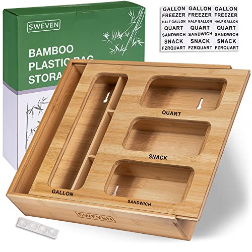 Plastic Bag Storage Organizer for Drawer | Bamboo Bag Organizer | Bag Container Organizer | Baggie Organizer for Gallon, Quart, Sandwich, Snack Bags | Compatible with Solimo, Glad, Hefty and More (4 Piece)