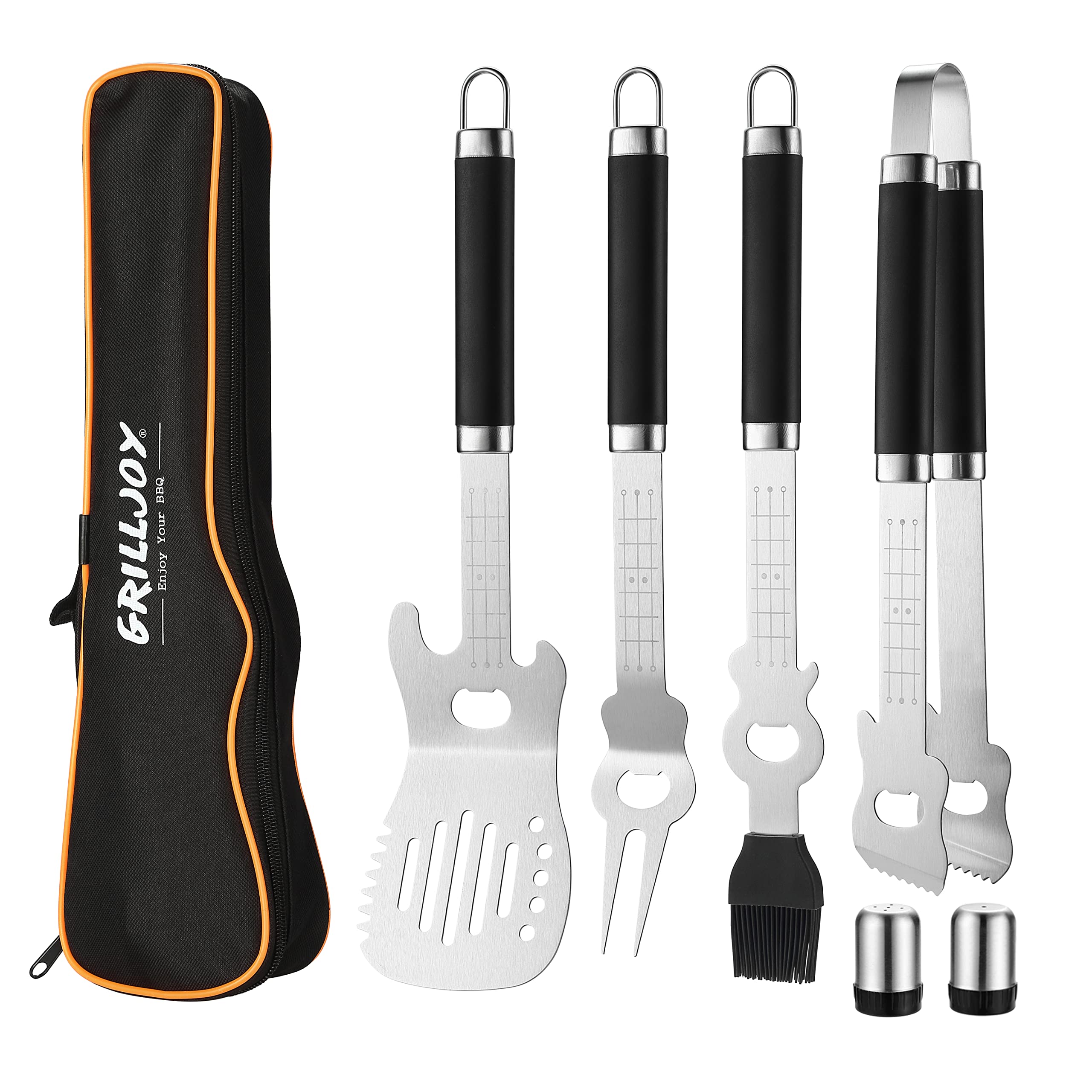 Grilljoy 7Pcs Guitar Style BBQ Tool Set with Long Handles-Heavy Duty Stainless Steel Grill Accessories with Spatula, Tongs, Brush and Fork for Music Lovers