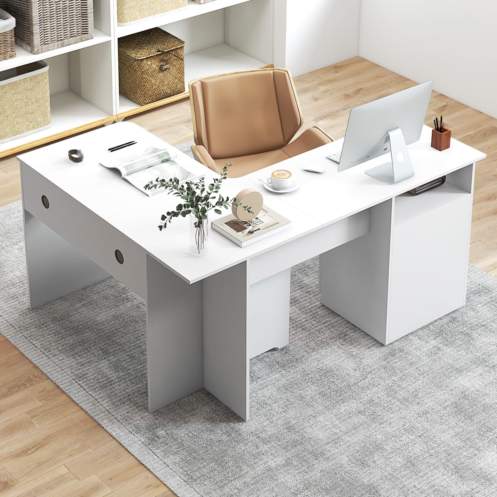 Tangkula L-Shaped Desk with 2 Storage Drawers, 59β Corner Computer Desk with File Drawer & Open Shelf, Computer Workstation with 2 Cable Management Holes, Space-Saving Executive Office Desk (White)