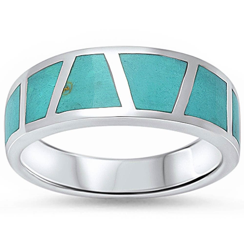 Half Eternity Green Simulated Turquoise Inlay Wedding Band Ring 925 Sterling Silver, Size-7