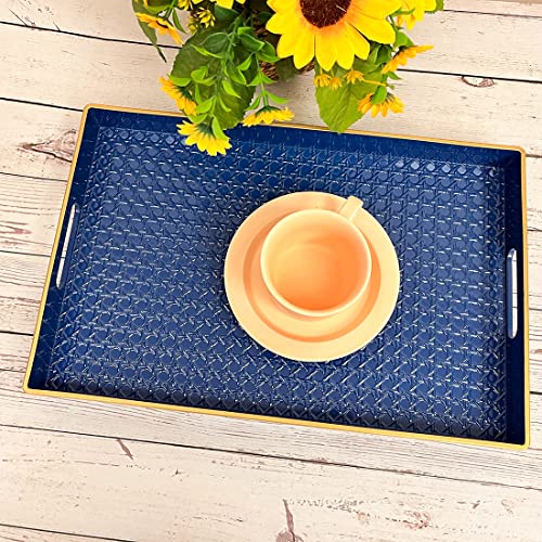 Umisriro Navy Blue Serving Tray with Handles, Plastic Decorative Tray for Ottoman, Coffee Table, Living Room, Kitchen 15.7βx10.2β