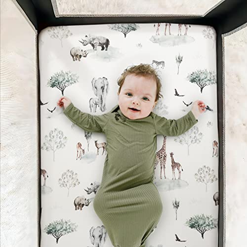 Stretchy Ultra Soft Jersey Knit Fitted Pack n Play Sheets Set 2 Pack, Portable/Mini Crib Sheets for Boys and Girls, Stylish Playard Sheets Fitted Safe and Snug, African Savannah Animals Pattern
