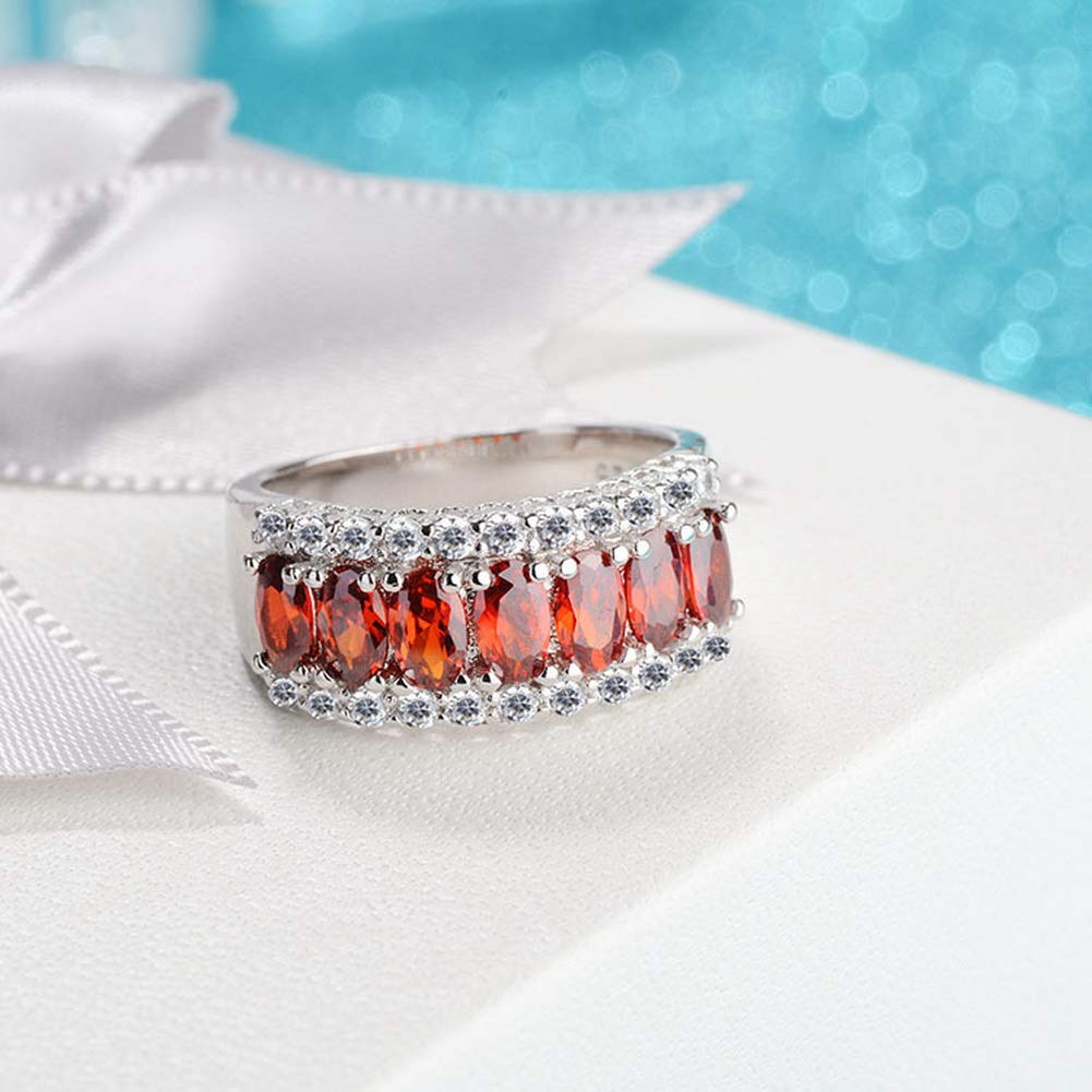 Honghu Platinum Plated Ring Garnet Rhinestone Oval Engagement Band Wedding Vintage Eternity Bridal Jewelry