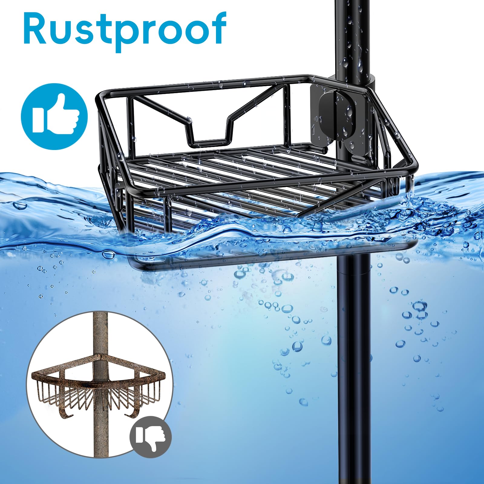 Skycarper 5 Tier Adjustable Corner Shower Caddy Organizer with Hooks,Rustproof Tension Pole 62-116 Inch, Black