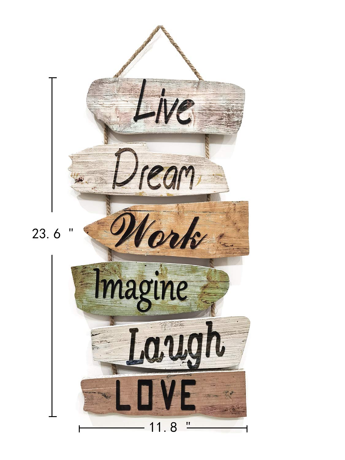 Hanging Wall Sign Rustic Wooden Wall Sign (Live, Dream, Work, Imagine, Laugh, Love) Wood Wall Decoration for Home Decor