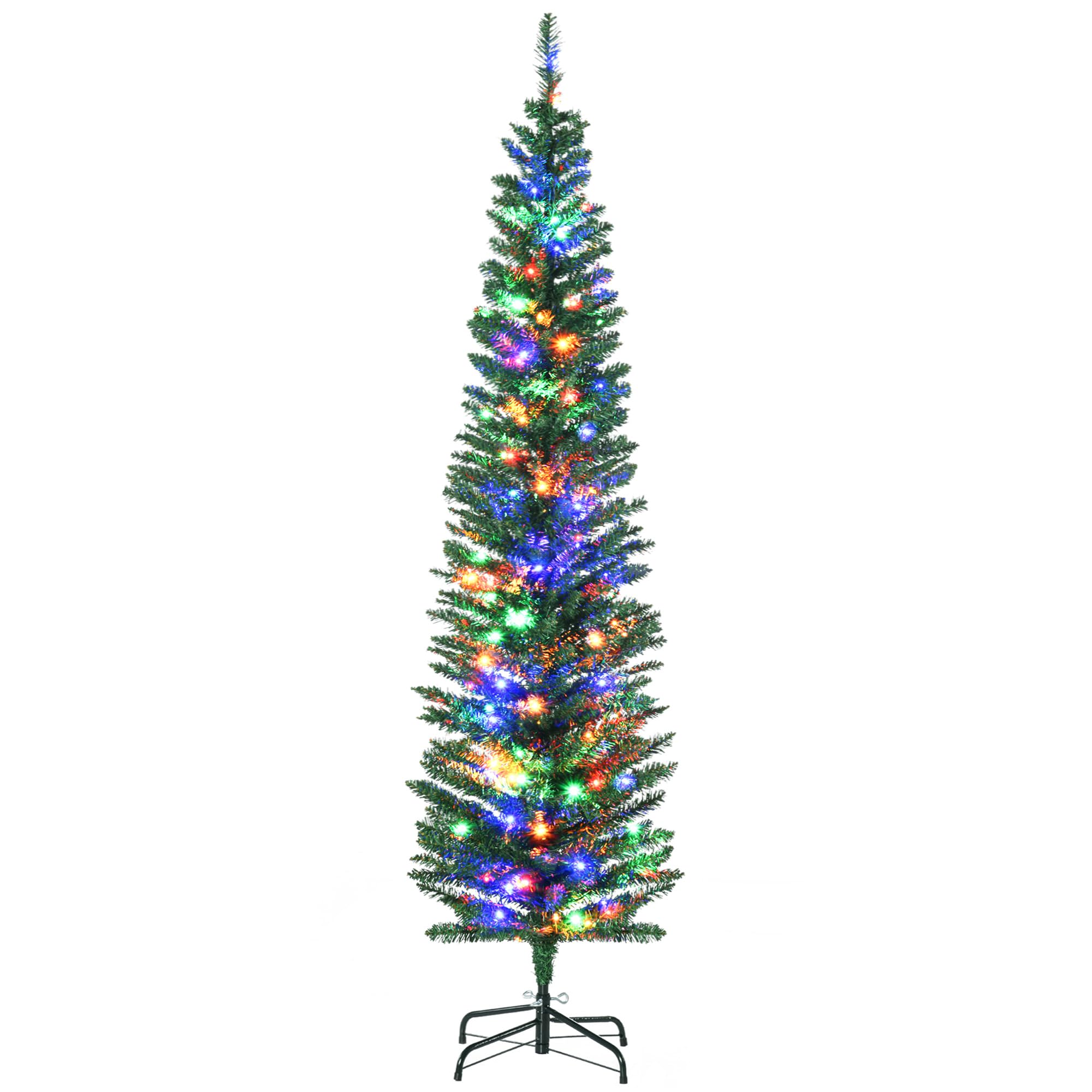 HOMCOM 6ft Tall Pencil Prelit Artificial Christmas Tree Holiday Décor with 390 Branches, 150 Colorful LED Lights, Steel Base, Green