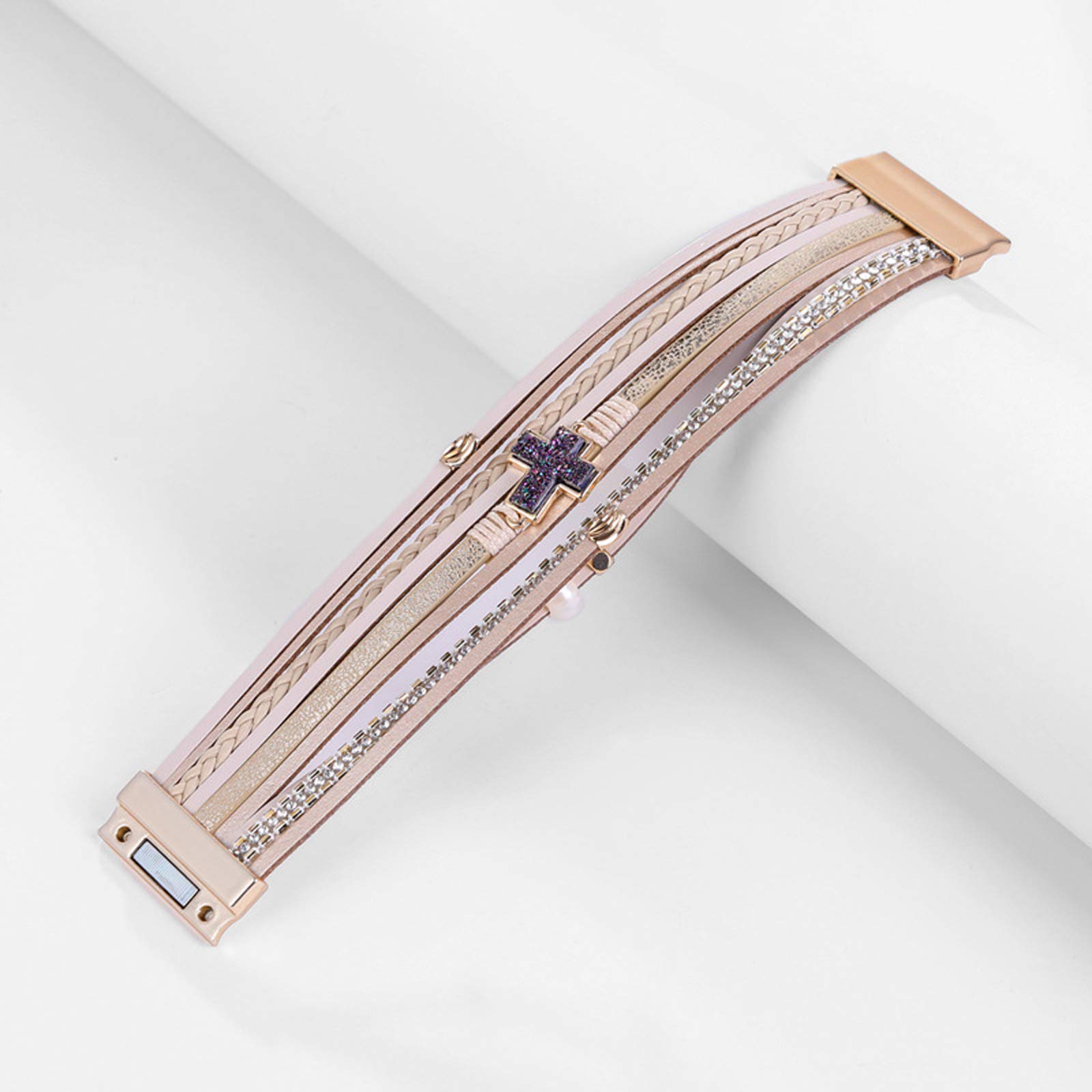 Hutou Leather Wrap Bracelet Boho Cuff Bracelets for Women Crystals Cross Bracelet Jewelry Gifts for Her Beige