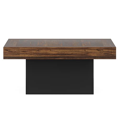 Tribesigns Farmhouse Coffee Table Square LED Coffee Table Engineered Wood Coffee Table for Living Room Rustic Brown & Black Low Coffee Table