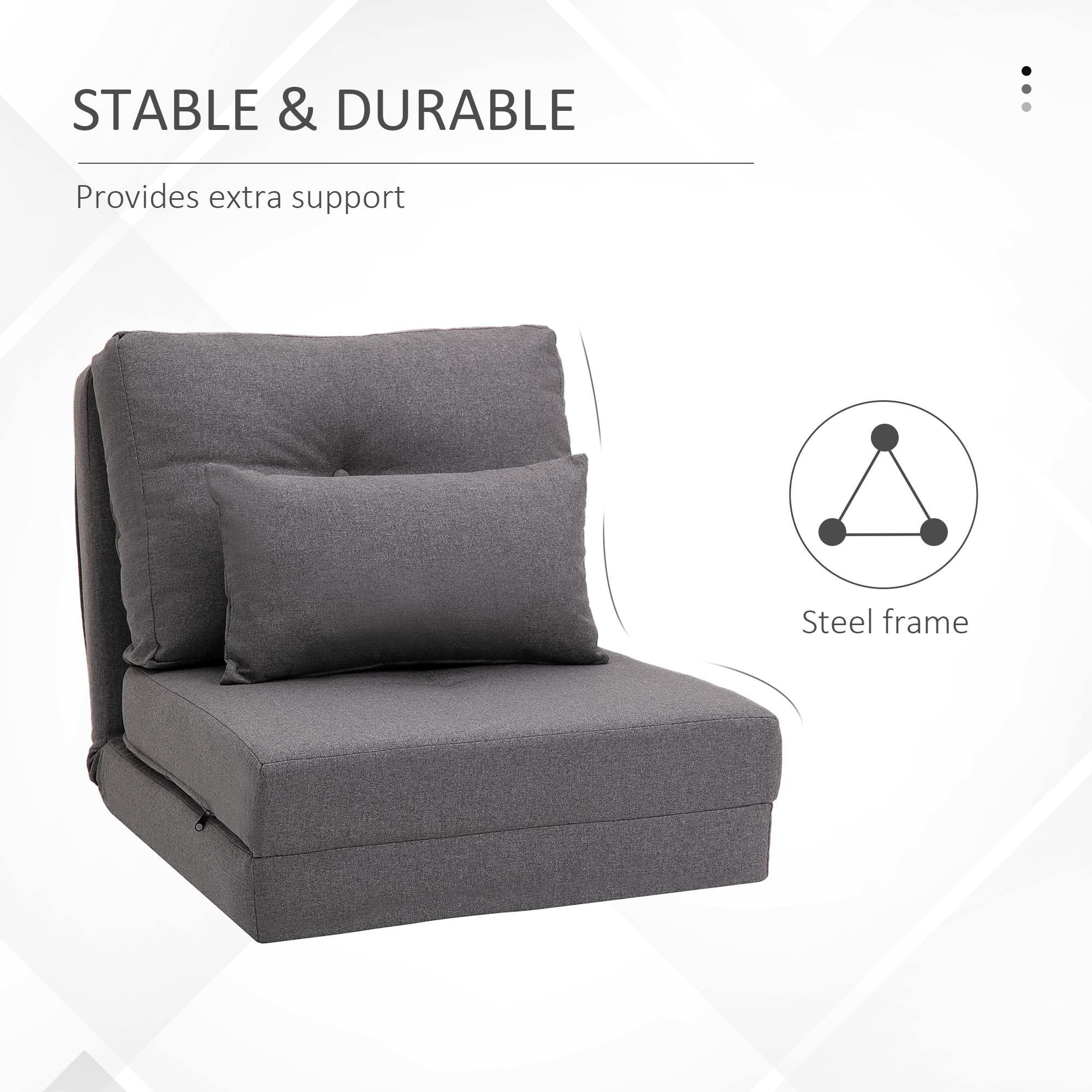 HOMCOM Convertible Flip Chair, Floor Lazy Sofa, Folding Upholstered Couch Bed with Adjustable Backrest, Metal Frame and Pillows for Living Room Bedroom, Dark Grey