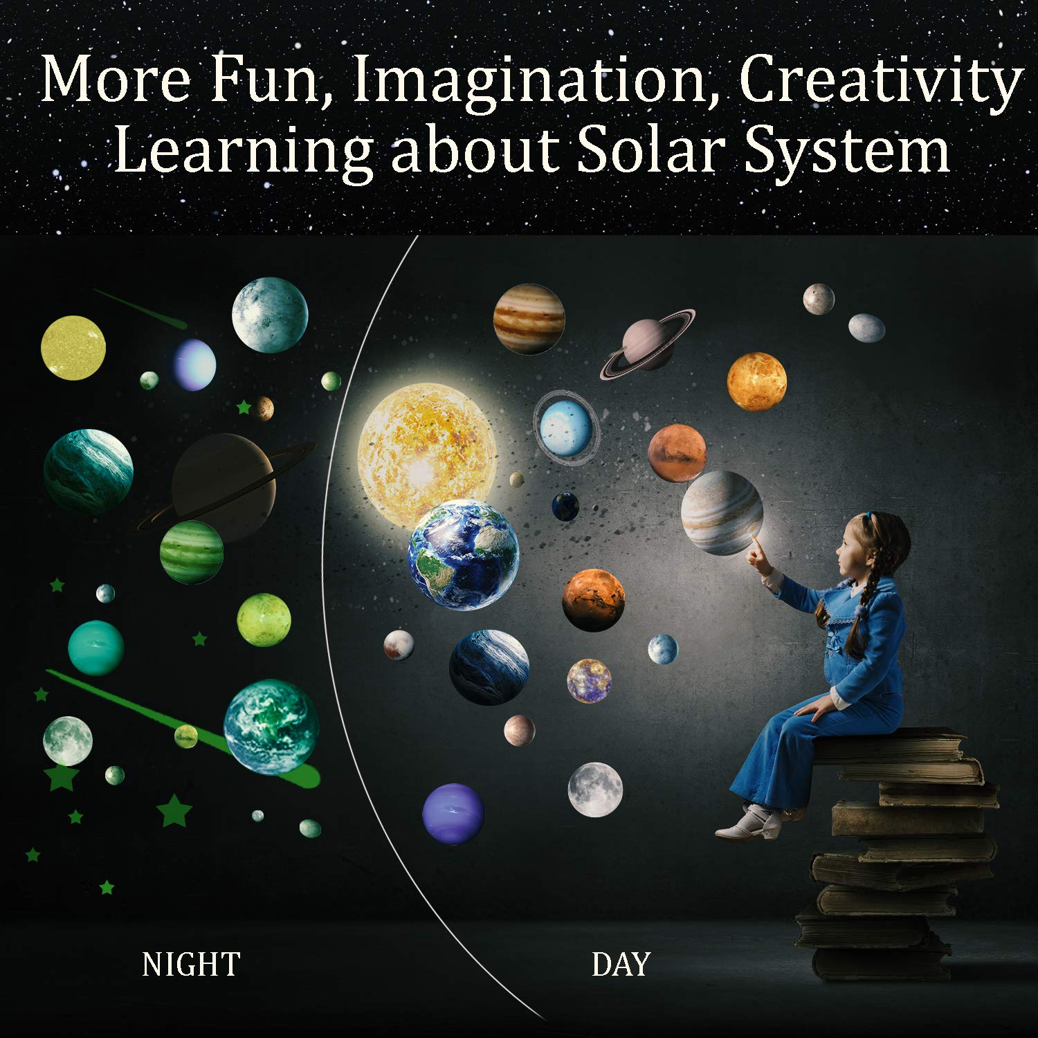 Hello World 200pcs Glow in The Dark Stars and Planets, Bright Solar System Wall Stickers, All Glowing 15 Planets Dwarf Pluto Moon Sun 173 Stars, 12 Shooting Stars 4 Rockets, Ceiling Wall Decals
