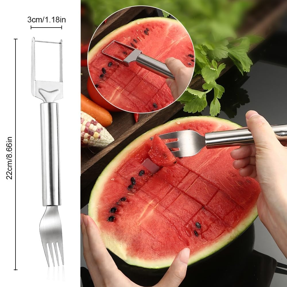 Upgraded 2-in-1 Stainless Steel Fruit Cutter,2024 Newest Watermelon Slicer Watermelon Cutter Melon Cutter Tool,Dual Head Fruit Forks Slicer Watermelon Cutter Tool, Summer Fruit Cutting Fork for Home