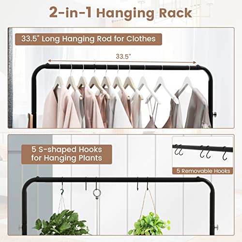 Tangkula Clothes Rack on Wheels, Industrial Pipe Style Rolling Garment Rack with Bottom Storage Shelf & 5 Hanging Hooks, Clothes Organizer with Sturdy Metal Frame for Bedroom Laundry Room