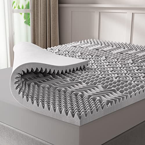 UniPon 3 Inch Egg Crate Memory Foam Mattress Topper, Charcoal Infused Mattress Topper, 7 Zones Foam Bed Topper, CertiPUR-US Certified (Queen)