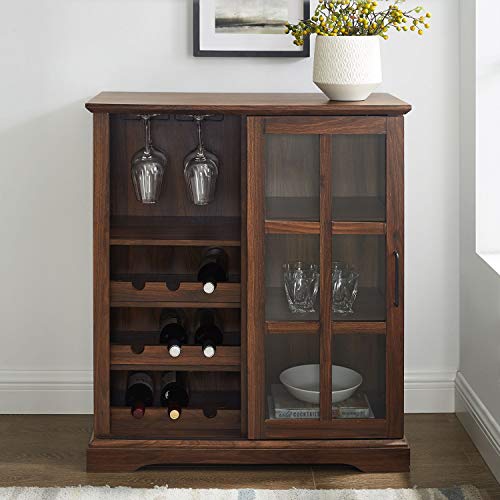 Walker Edison Wood Sliding Glass Door Bar Cabinet Entryway Serving Wine Storage Doors Dining Room Console, 36 Inch, Dark Walnut