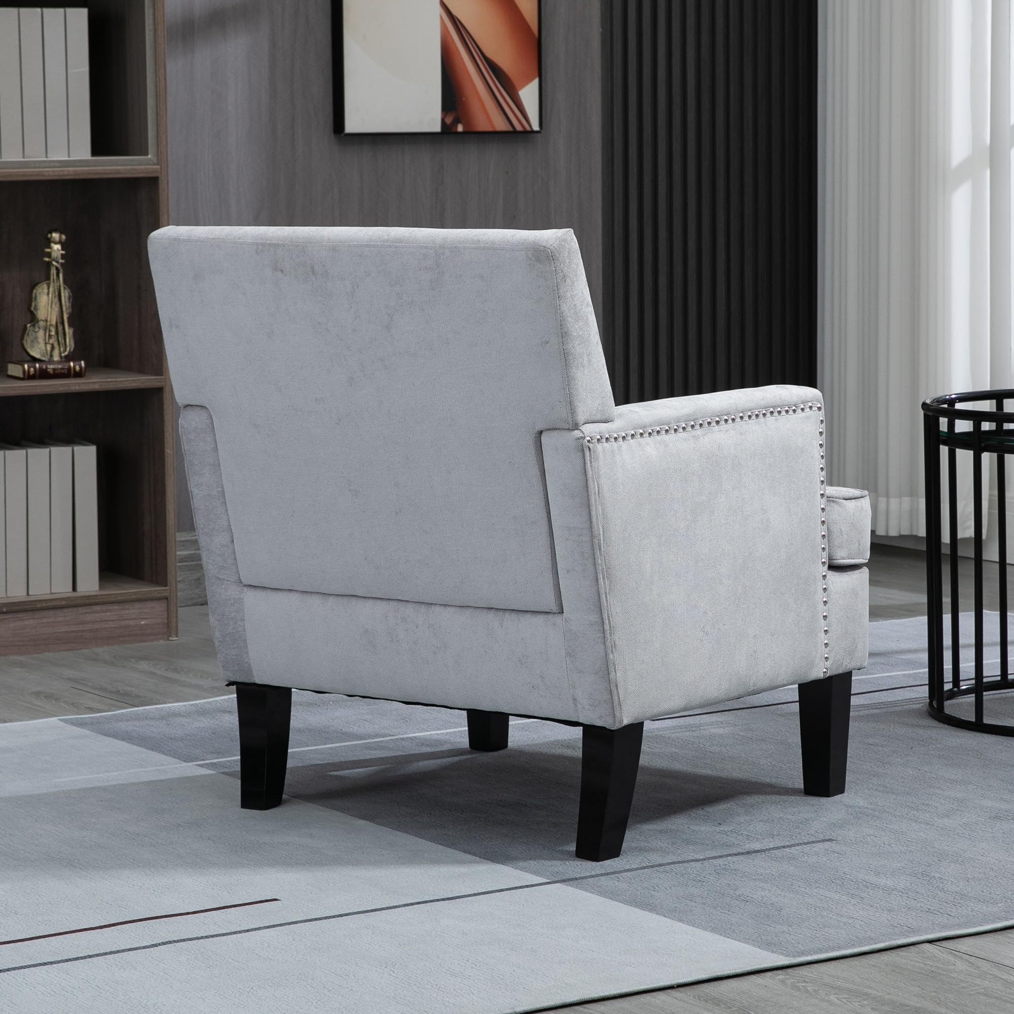 HOMCOM Modern Accent Chair with Solid Wood Legs and Nailhead Trim, Upholstered Armchair for Living Room, Dark Gray