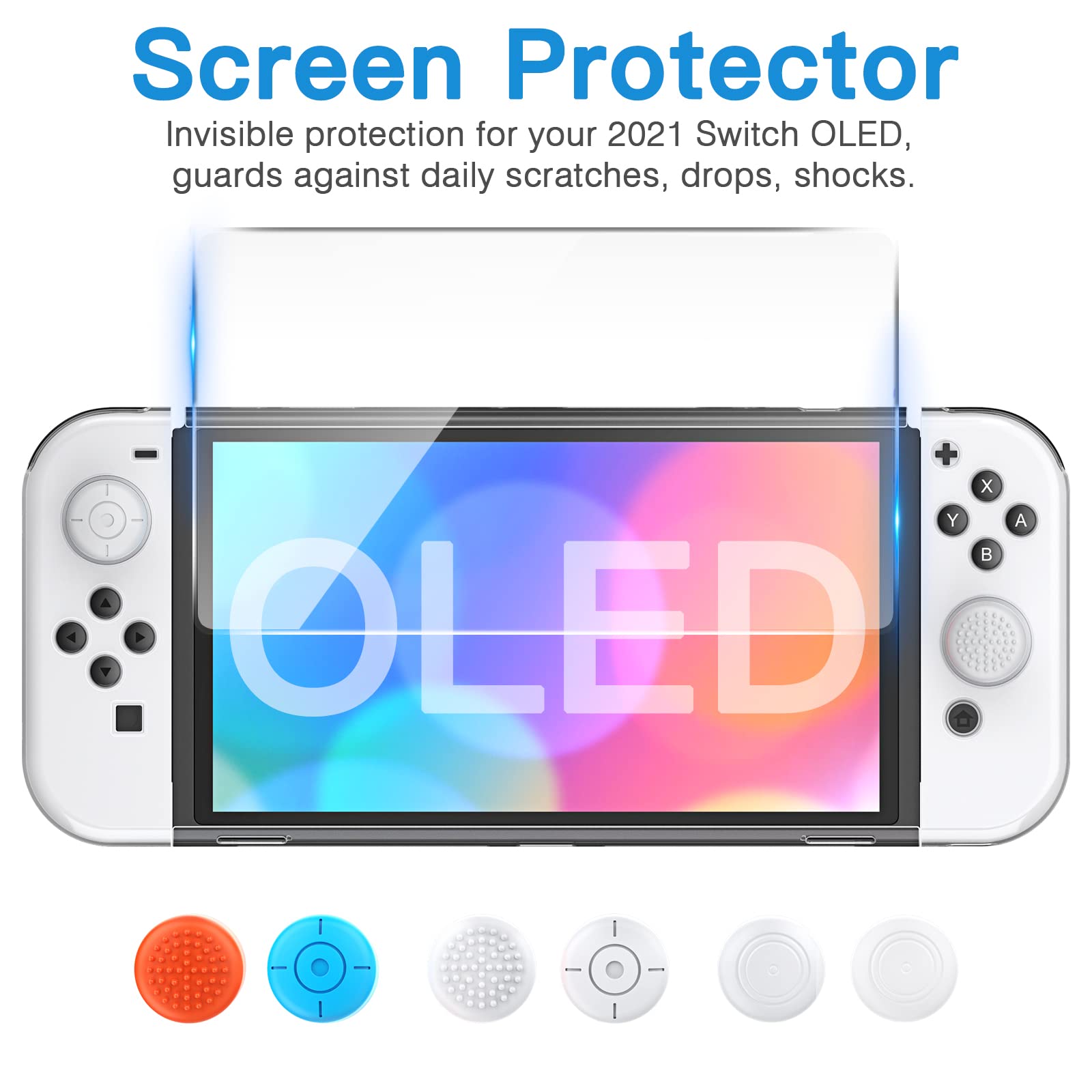 HEYSTOP Switch OLED Case Protector Compatible with Nintendo Switch OLED Model, Removable Hard PC Shell Dockable Switch OLED Protective Case Accessories with Screen Protector & Thumb Grip Caps, Clear