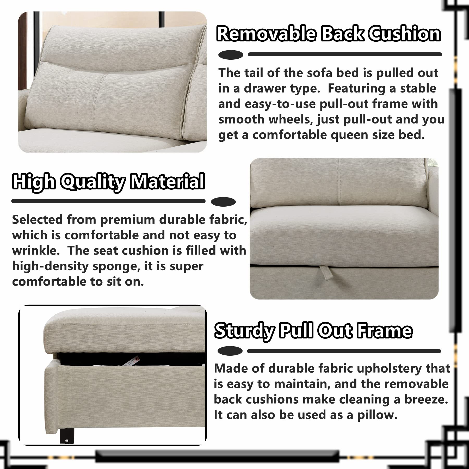 Gynsseh 3-in-1 Convertible Sleeper Sofa Bed, Queen Size Sofa Bed Couch with 2 Backrest Pillows, Pinstripe Upholstered 3-Seat Sofa Couch with Pull Out Bed for Living Room, S3-Beige