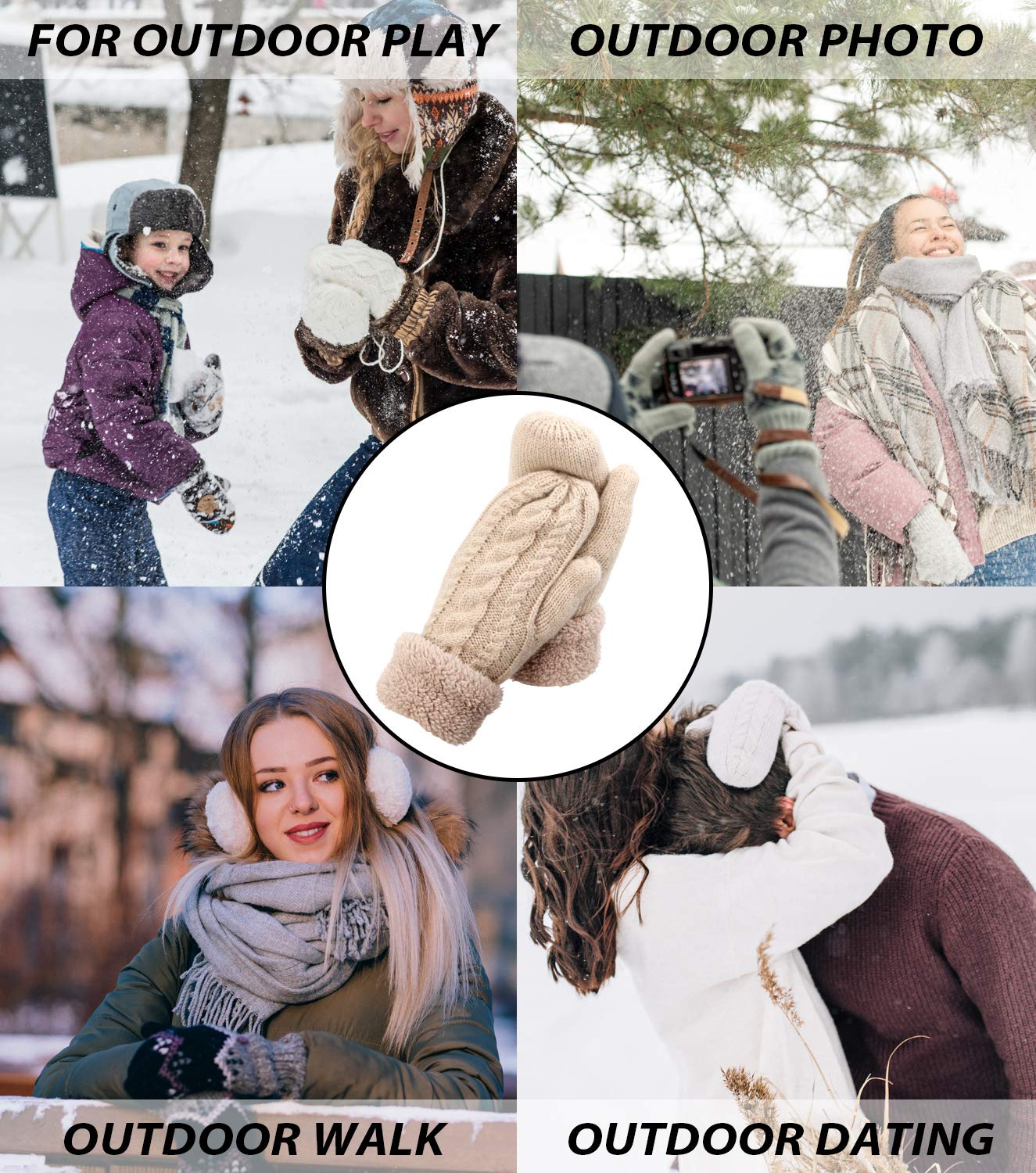 happion 3 Pairs Winter Mitten Gloves For Women, Warm Knit Thick Gloves With Thick Fleece Lining Gift
