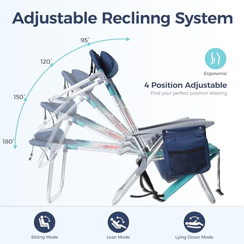 LET'S CAMP Backpack Beach Chair Set of 2, 4-Position Classic Lay Flat, Pillow and Padded Shoulder Straps, Storage Pouch and Towel Bar, Support 250LBS, Wave