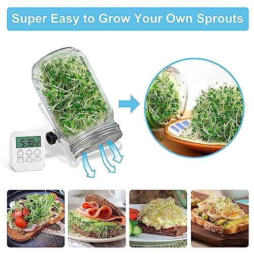 Sprouting Kit, 2 Stainless Steel Sprouting Lids for Regular and Wide Mouth Mason Jars, Sprouts Growing Kit with Timer, 2 Tray, Sprouting Jar Stand for Bean Sprout, Alfalfa, Broccoli (Not Include Jar)